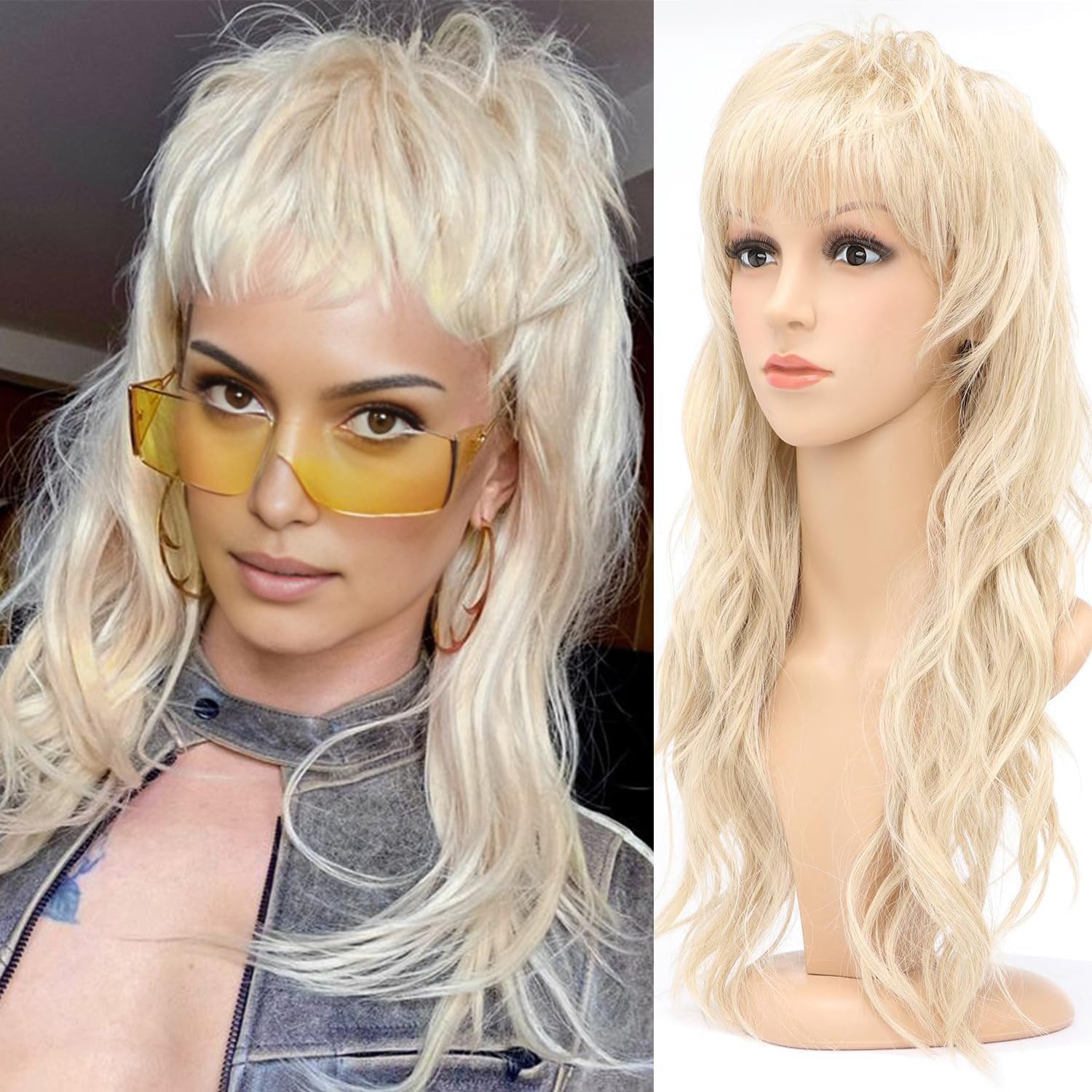 Blond Wolf Wig Wavy Long Synthetic Split Wigs with Fringe Mullet Wig ...