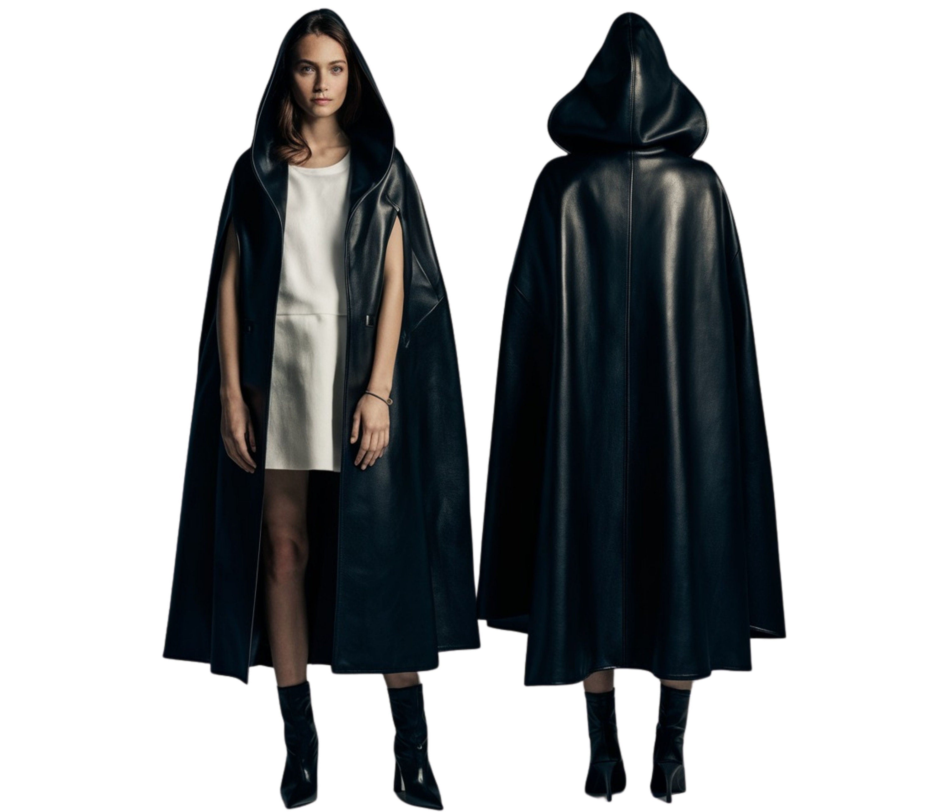 The Black Priestess - Handmade Pure Black Leather Hooded Cloak ...
