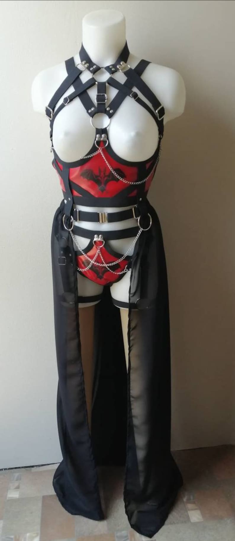 Bat inspired outfit red full body vampire style gothic harness witchy ...