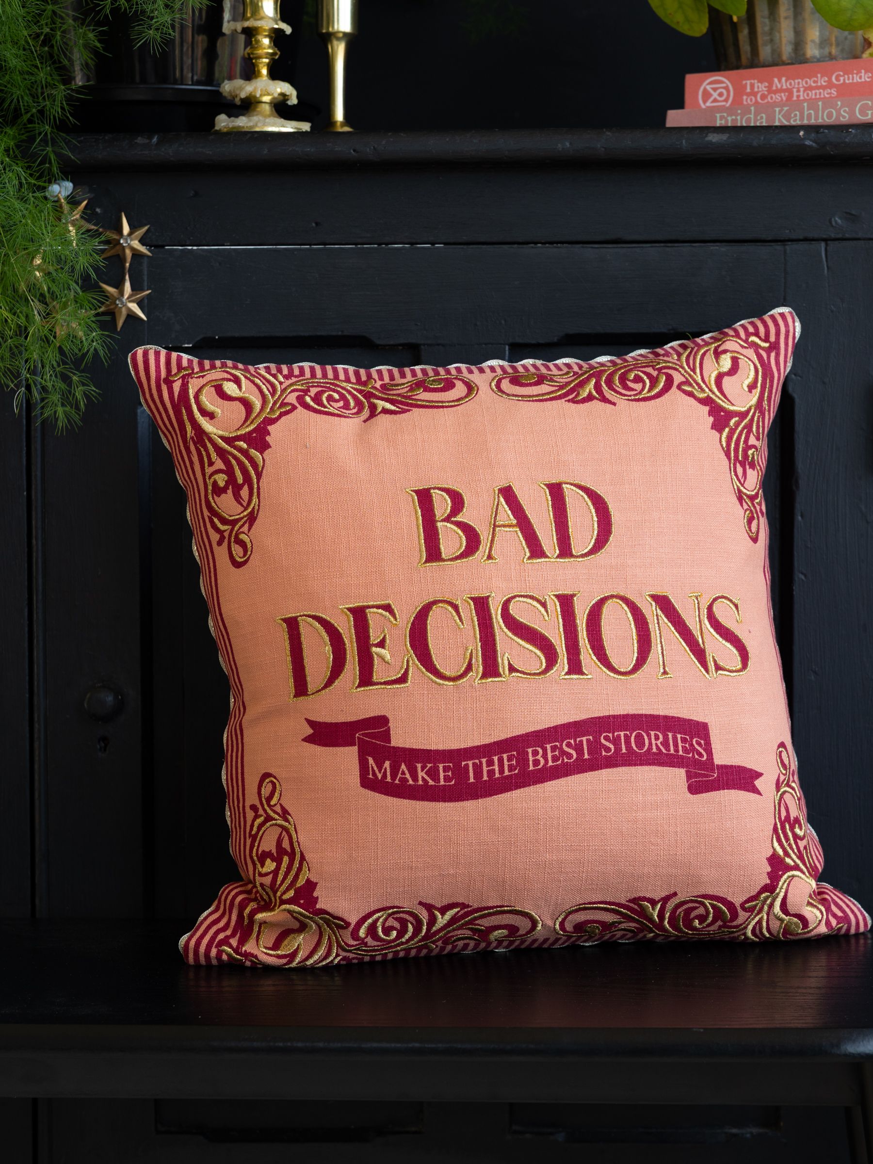 Rockett St George Bad Decisions Embroidered Slogan Cushion | Votre ...